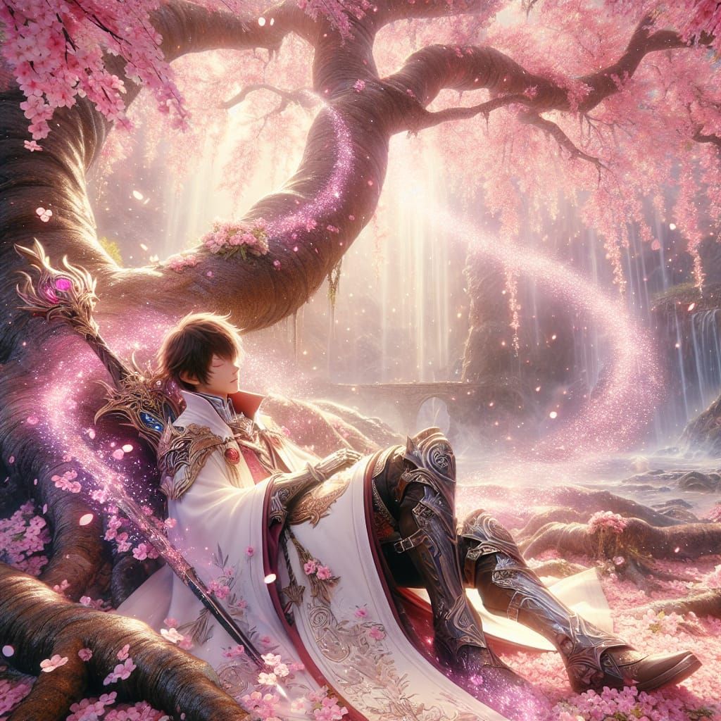 The image is of a young warrior mage sleeping underneath a cherry ...