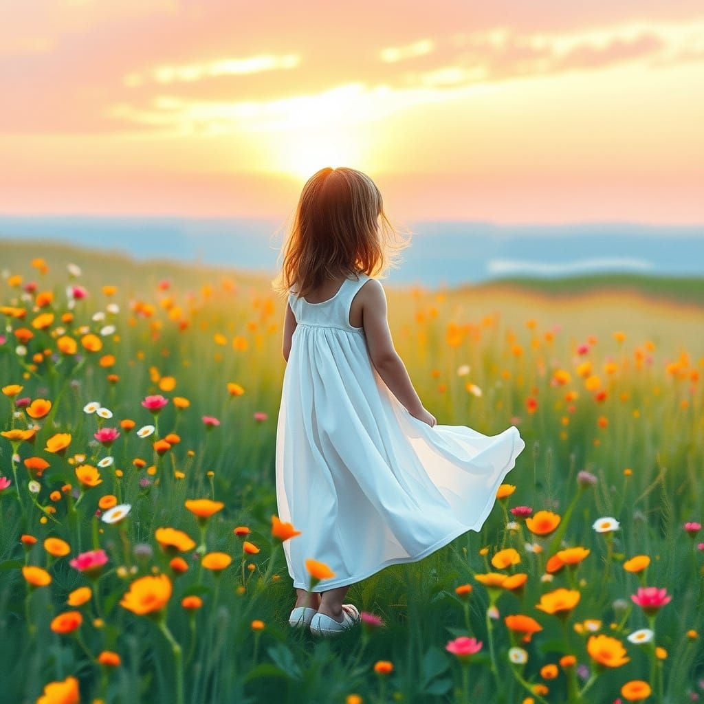 Child in Wildflower Field, Watercolor Kidcore Styl... - AI Art