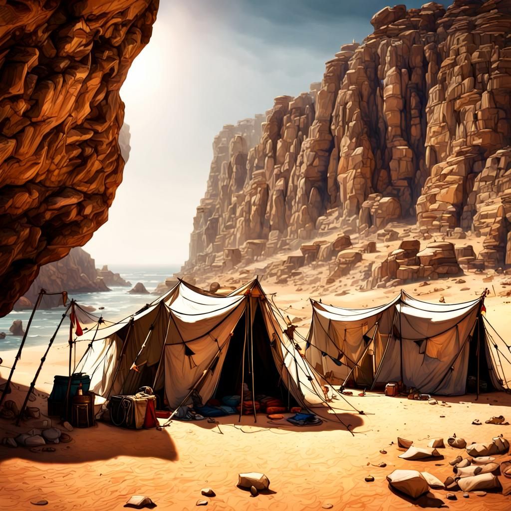 A nomad camp of bedouins located in a rocky desert near a cliff that descends into an ocean - AI ...