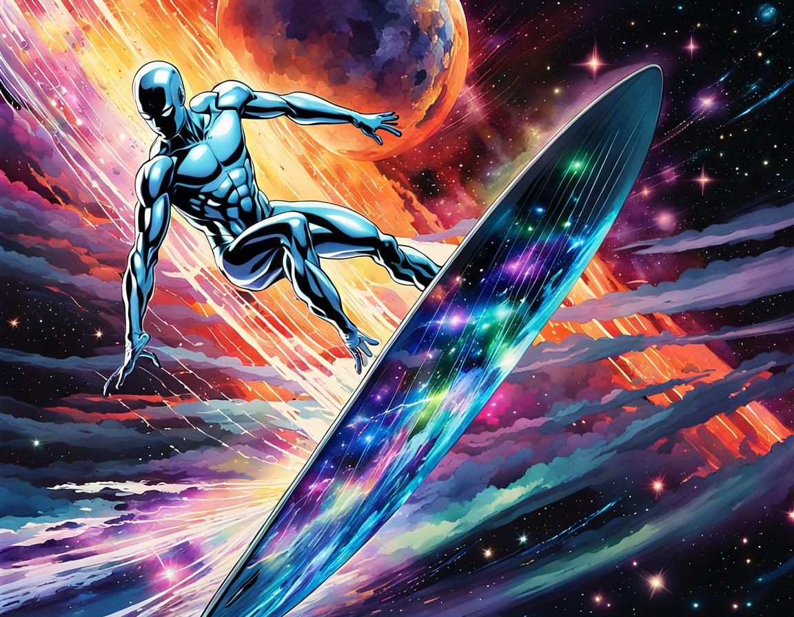 Silver Surfer, in outer space male, flying on a silver surfboard ...