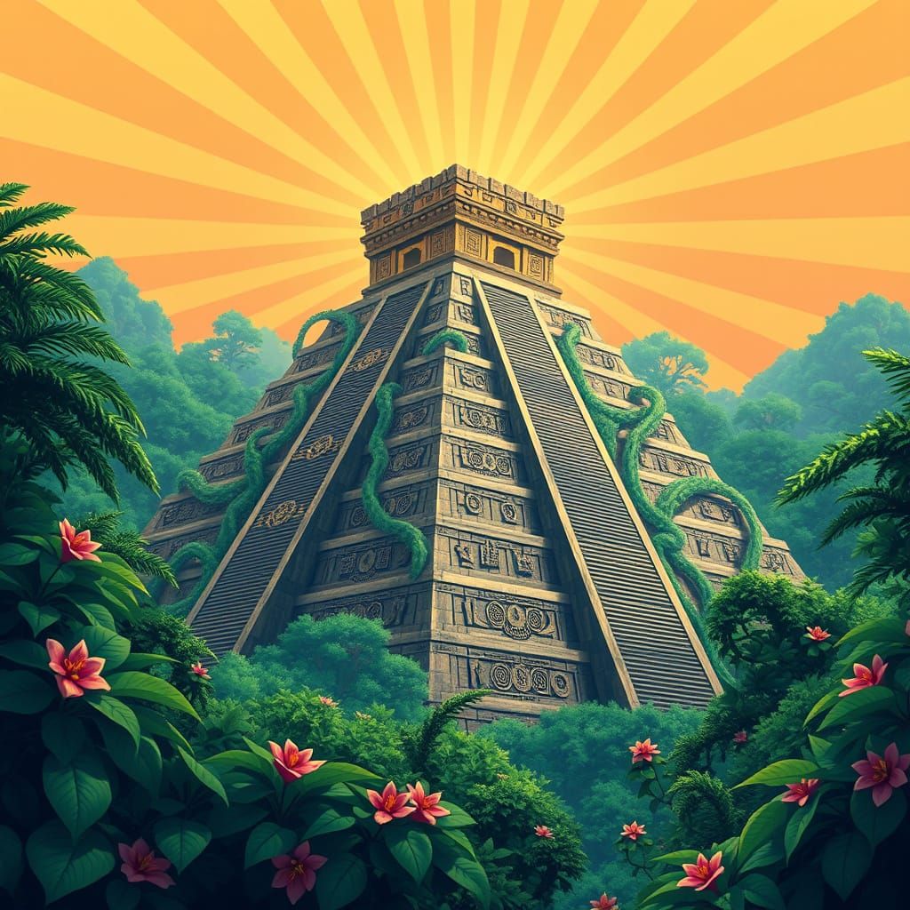 Majestic Aztec Pyramid in Emerald Jungle with Gold... - AI Art