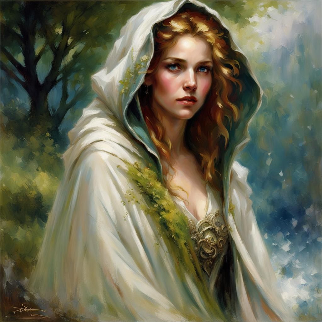 warrior princess blue eyes chestnut hair intricate ornate flowing moss ...
