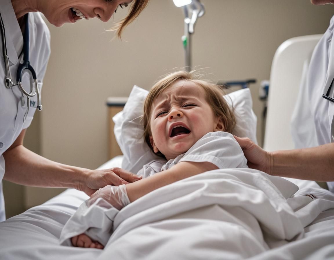 Toddler crying in the arms of a nurse as father dies in a hospital bed ...