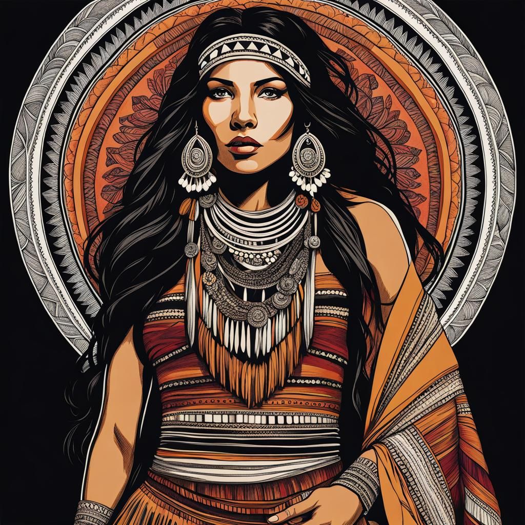 a black ink drawing of native american woman in a beautiful ribbon ...