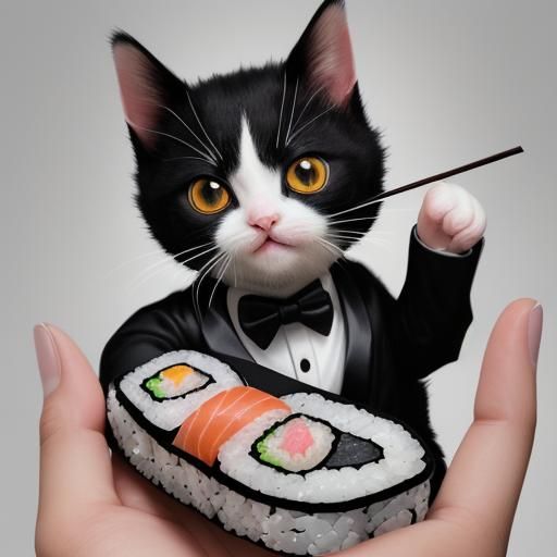 Tuxedo Kitten eating sushi - AI Generated Artwork - NightCafe Creator