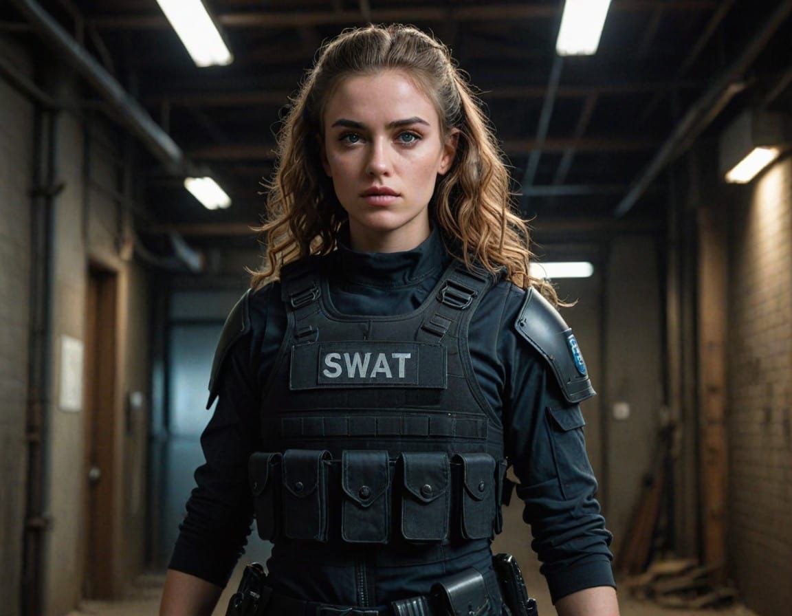 Intense Female Swat Officer in Cinematic Atmospher... - AI Art