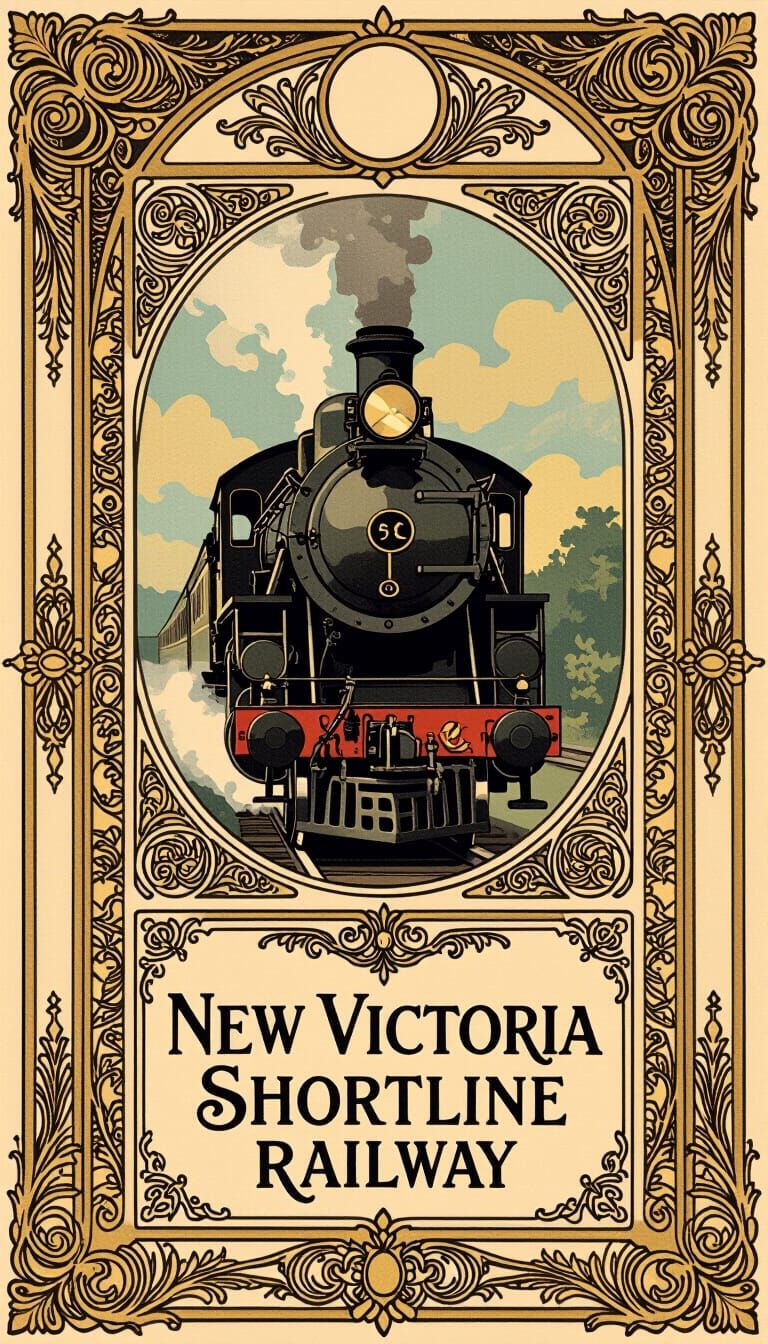 Create an ornate, Victorian vertical banner, with a steam locomotive ...