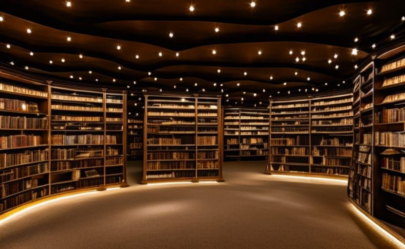 inside a spacious fantasy library with gold and bronze colour palette ...