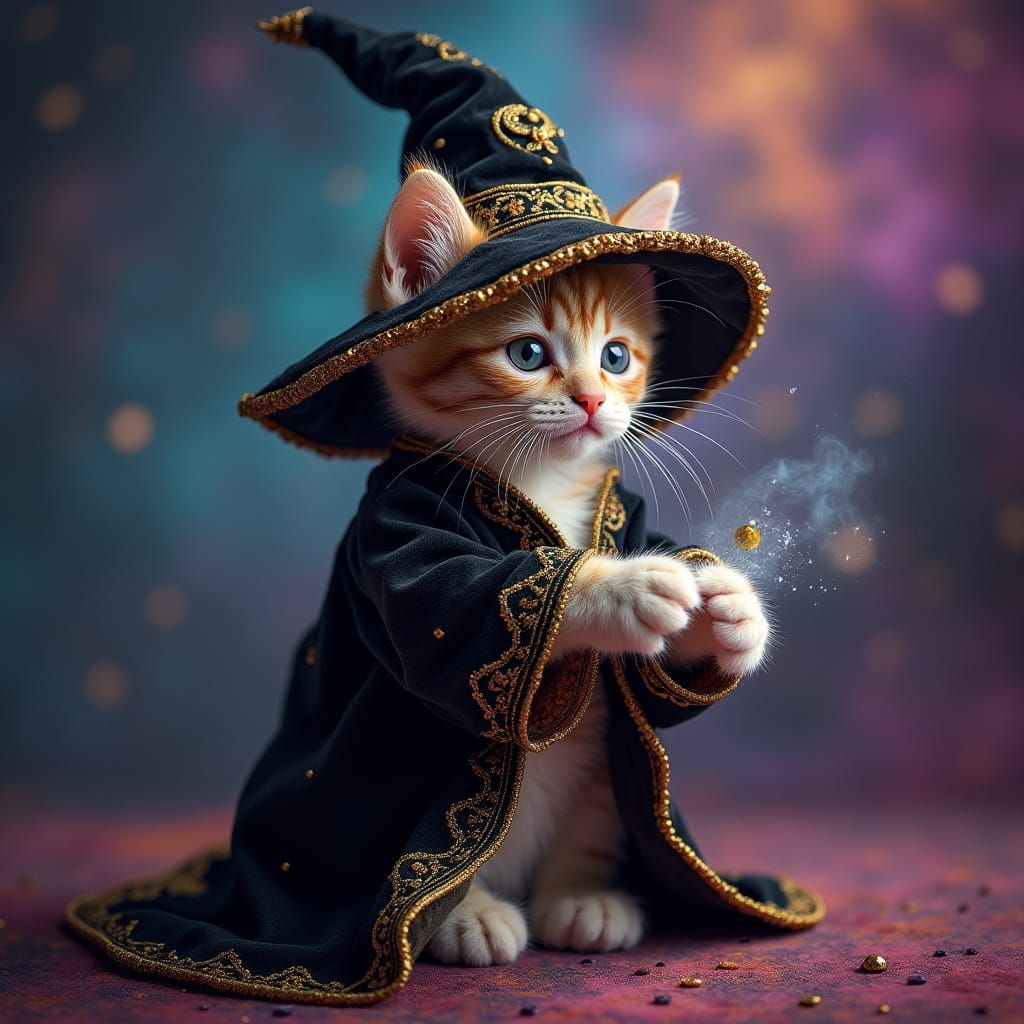 Mystical Feline Wizard Weaves Spell in Vibrant Tec... - AI Art