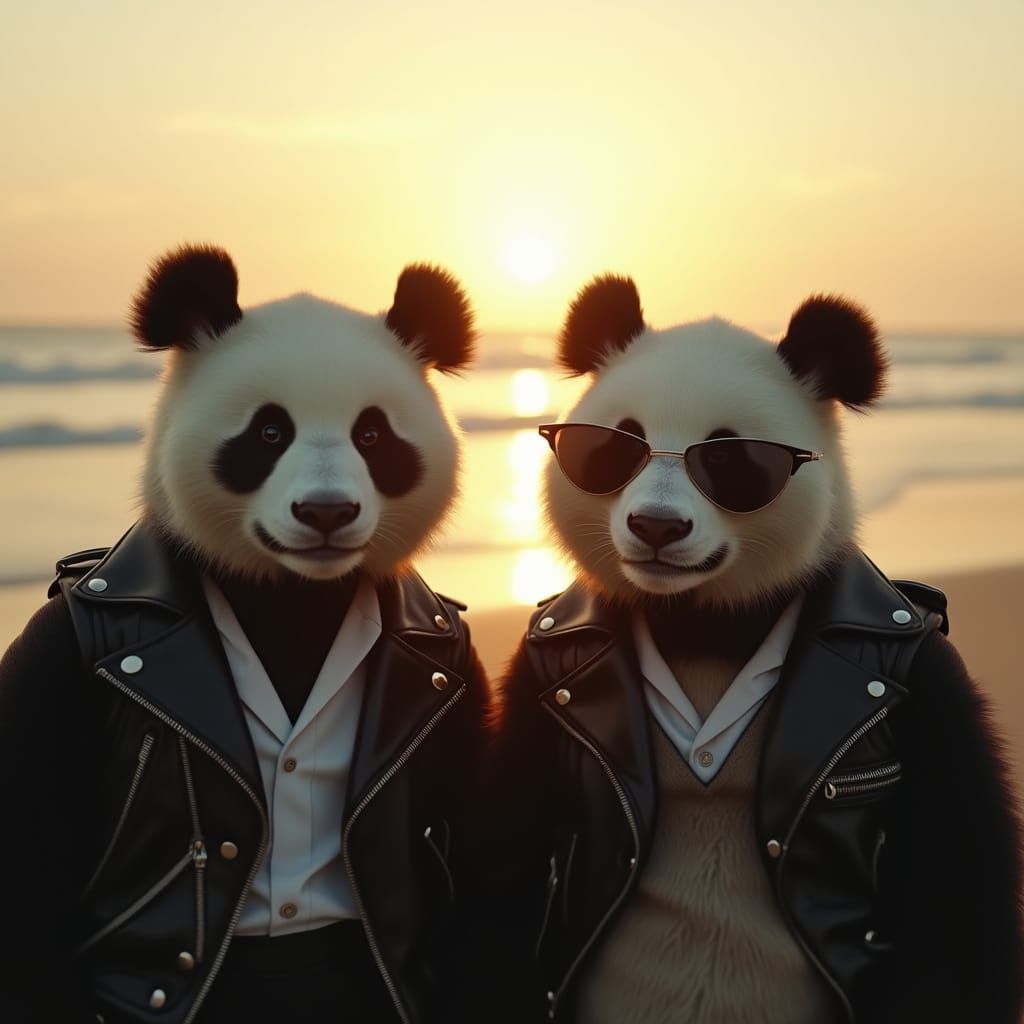 two cool pandas - Mysterious Pandas Lounge on Beach at Dusk