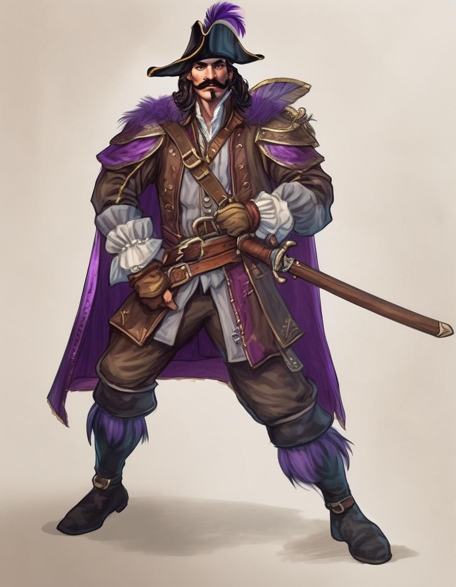 Dashing half-elf pirate with cavalier hat with purple plumes in cap ...