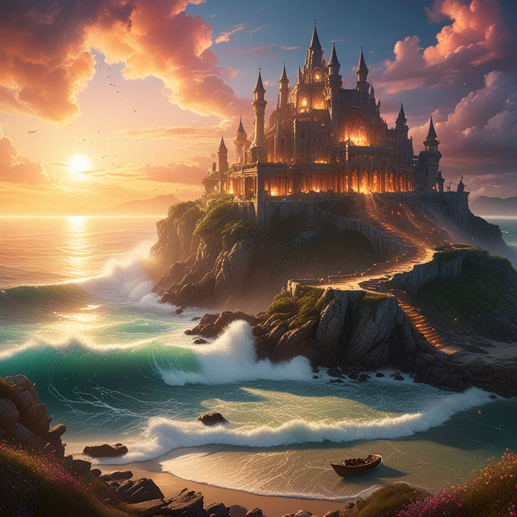 Enchanted Castle - Medieval Beach Fantasy in Glowing Iridesc...