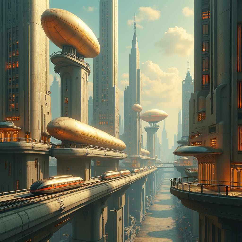 Sleek Art Deco Metropolis with Monorail Docks and ... - AI Art