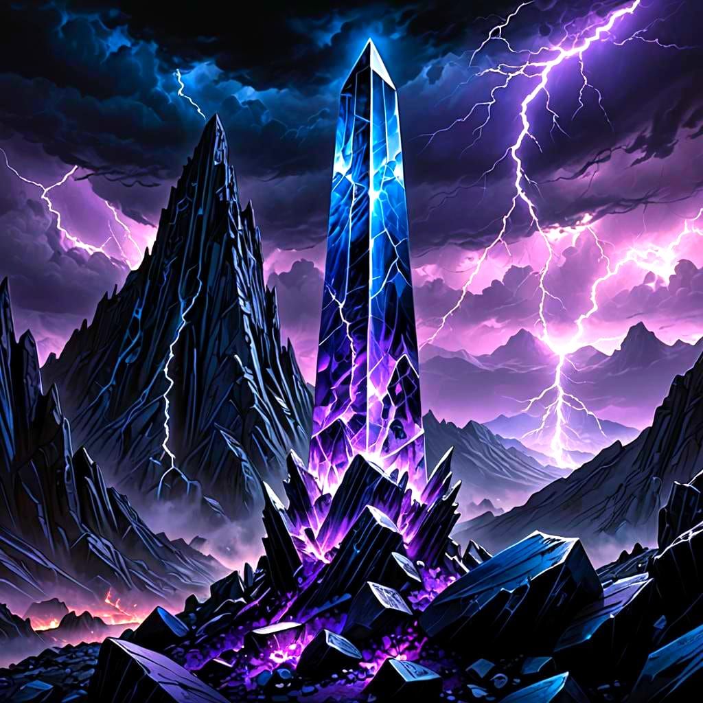 Crystal obelisk, lightning extends out from top of Amythyst crystal ...