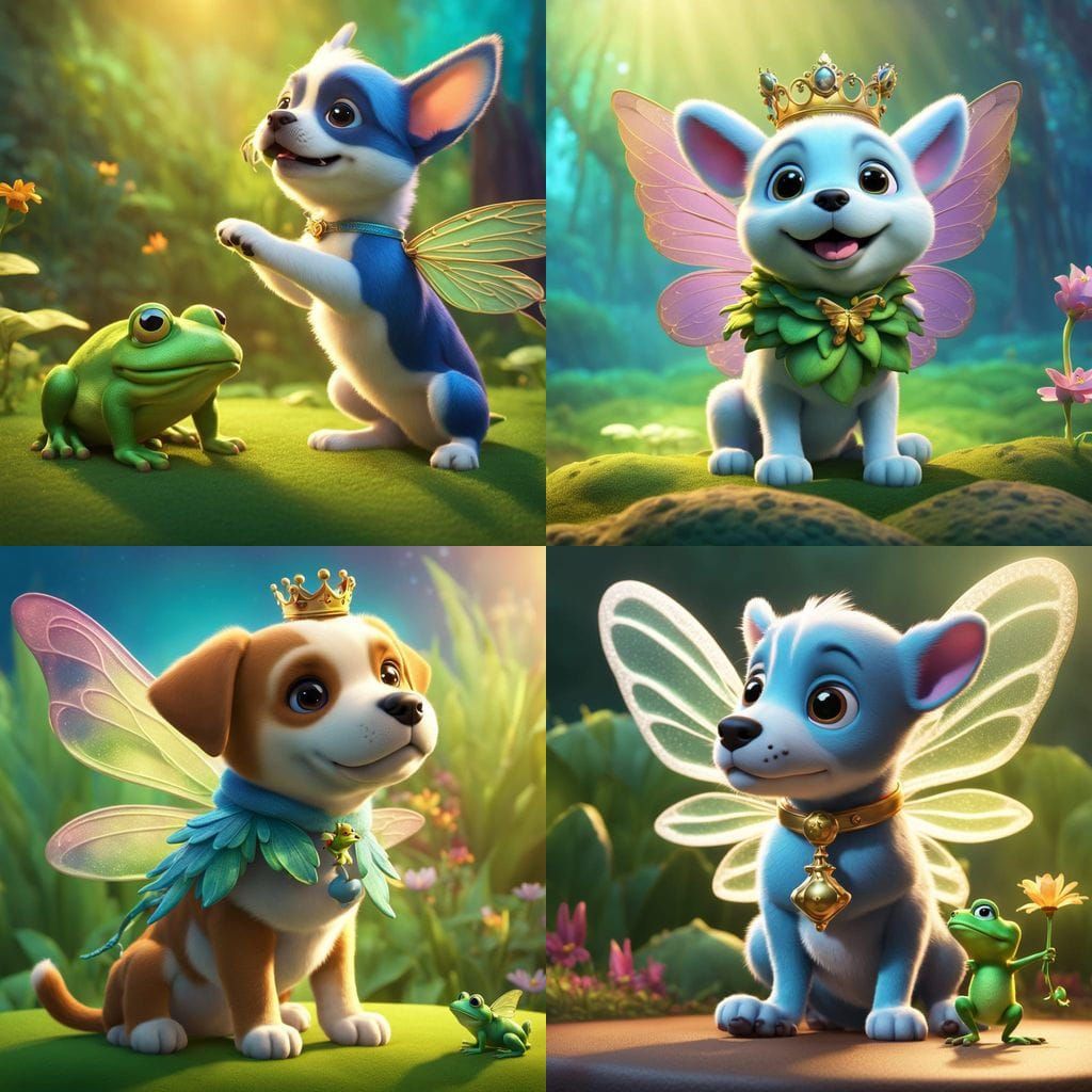 Pixar-Style Fairy Puppy Meets Frog Prince in Vibra... - AI Art