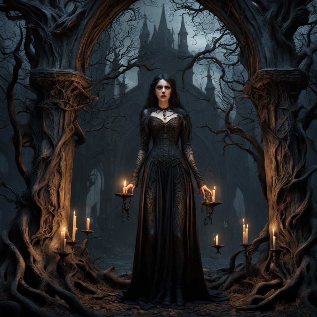 Here is the rewritten prompt: A muscular yet lithe Gothic woman with an ...