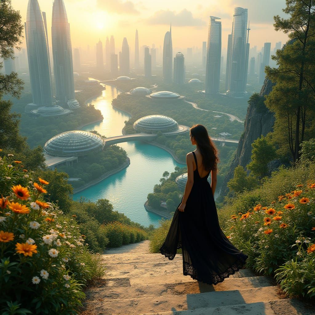 Utopia - Young Woman Walks Towards Futuristic Utopia in Vib...