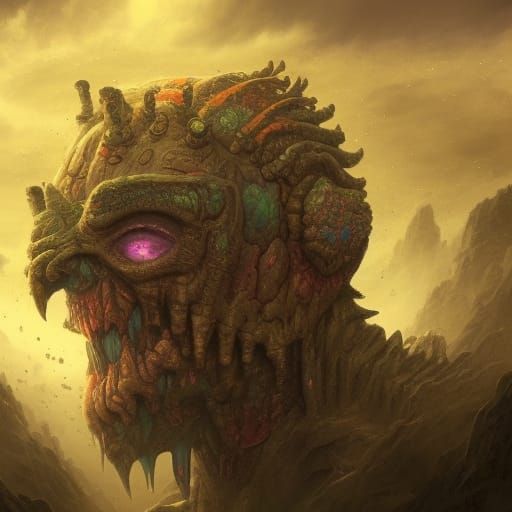 floating head, giant cube-shaped monster, cubular, colossal, disfigured ...