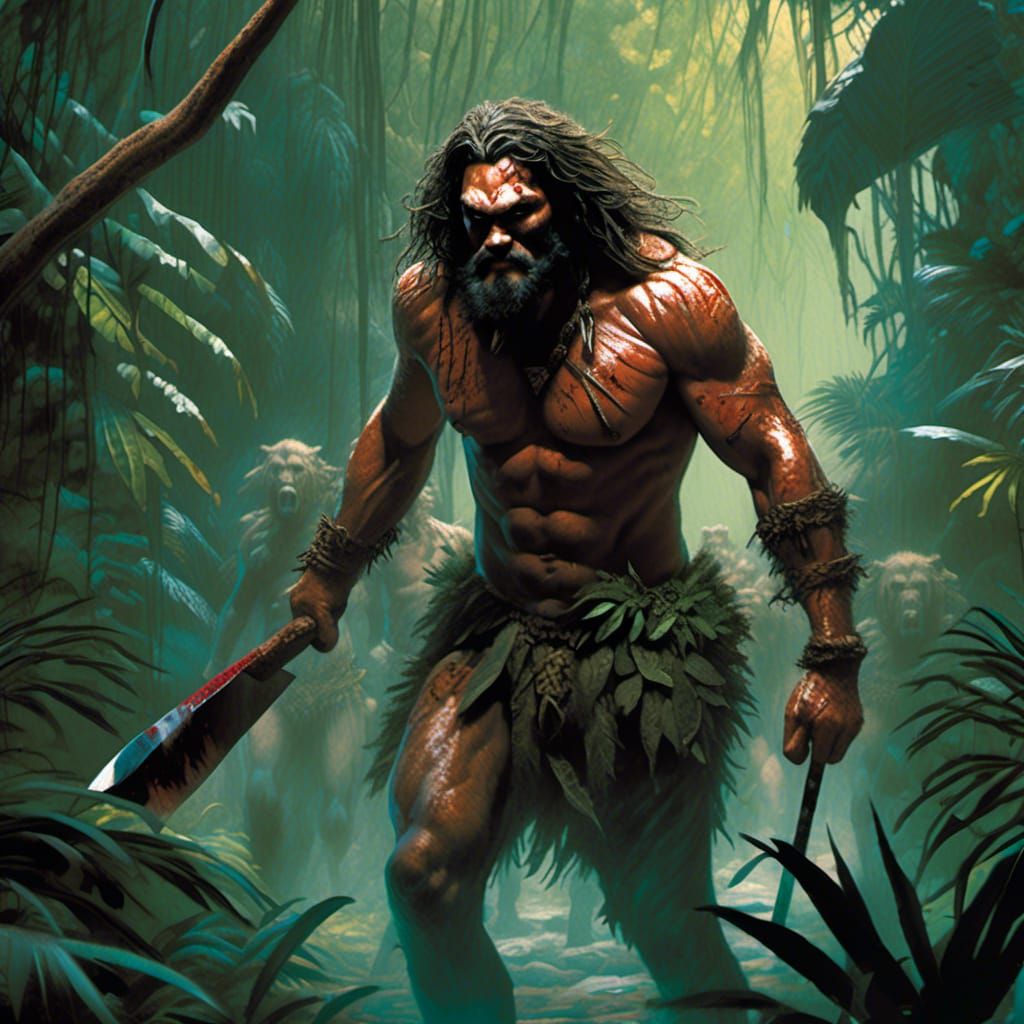a man with a cleaver walking through a jungle, by Paul Pelletier ...