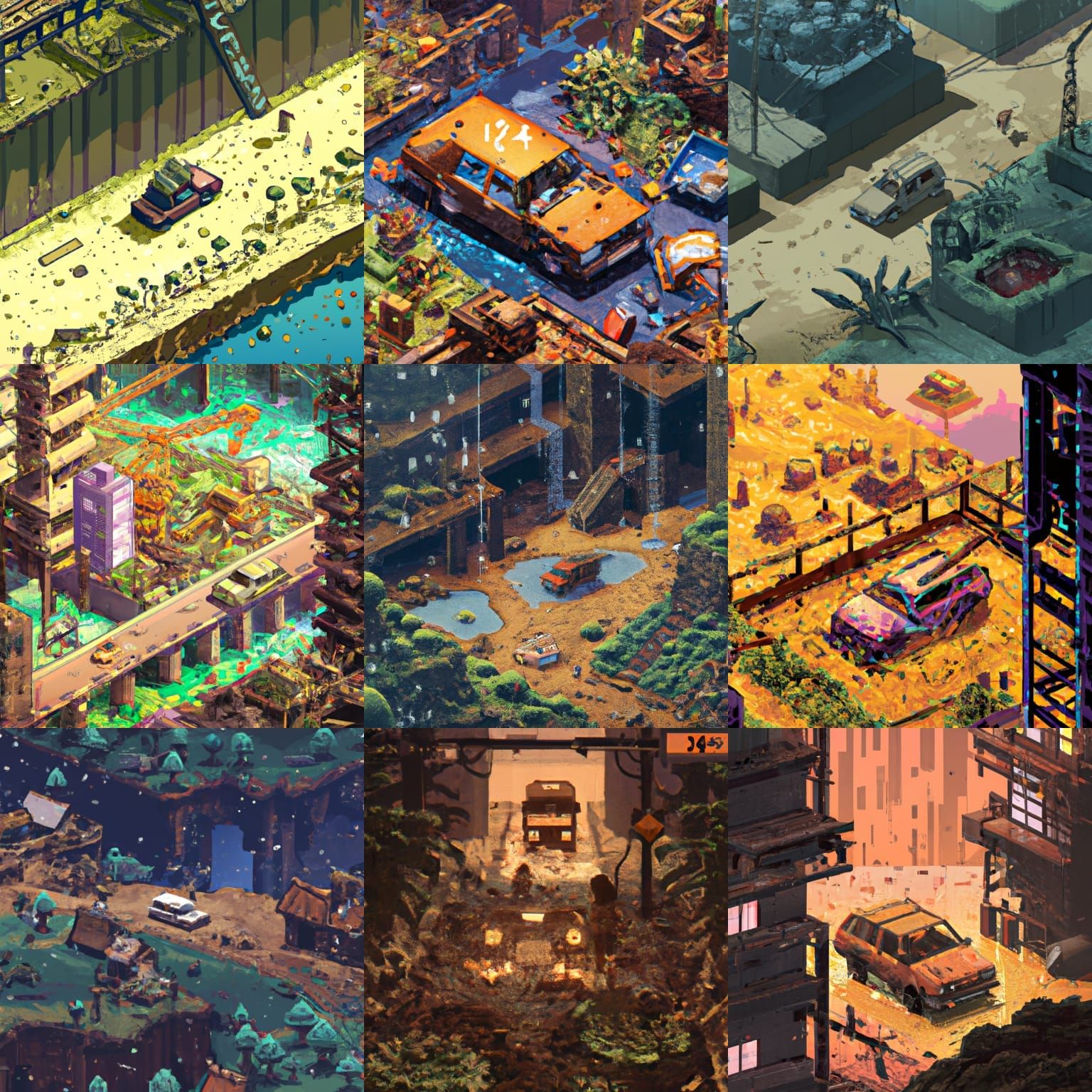 "Post-Apocalyptic Adventure: Create an isometric pixel art diorama of a ...