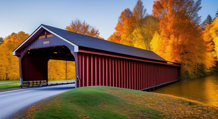 ultrarealistic, insanely detailed covered bridges in autumn ...