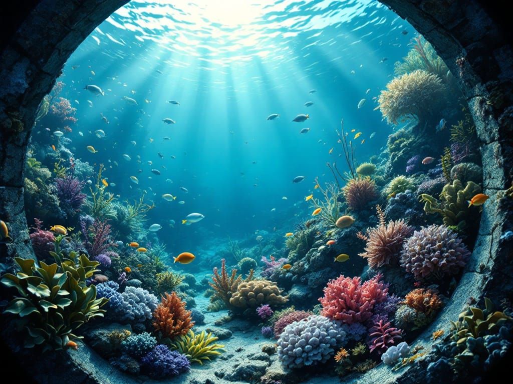 An underwater seascape ecosystem view from the window of submarine ...