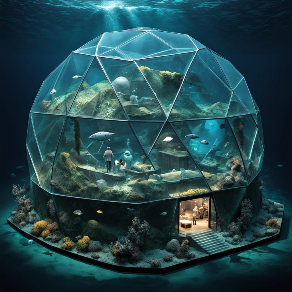 Underwater Geodesic Biodome Habitat With Shipwreck - AI Art