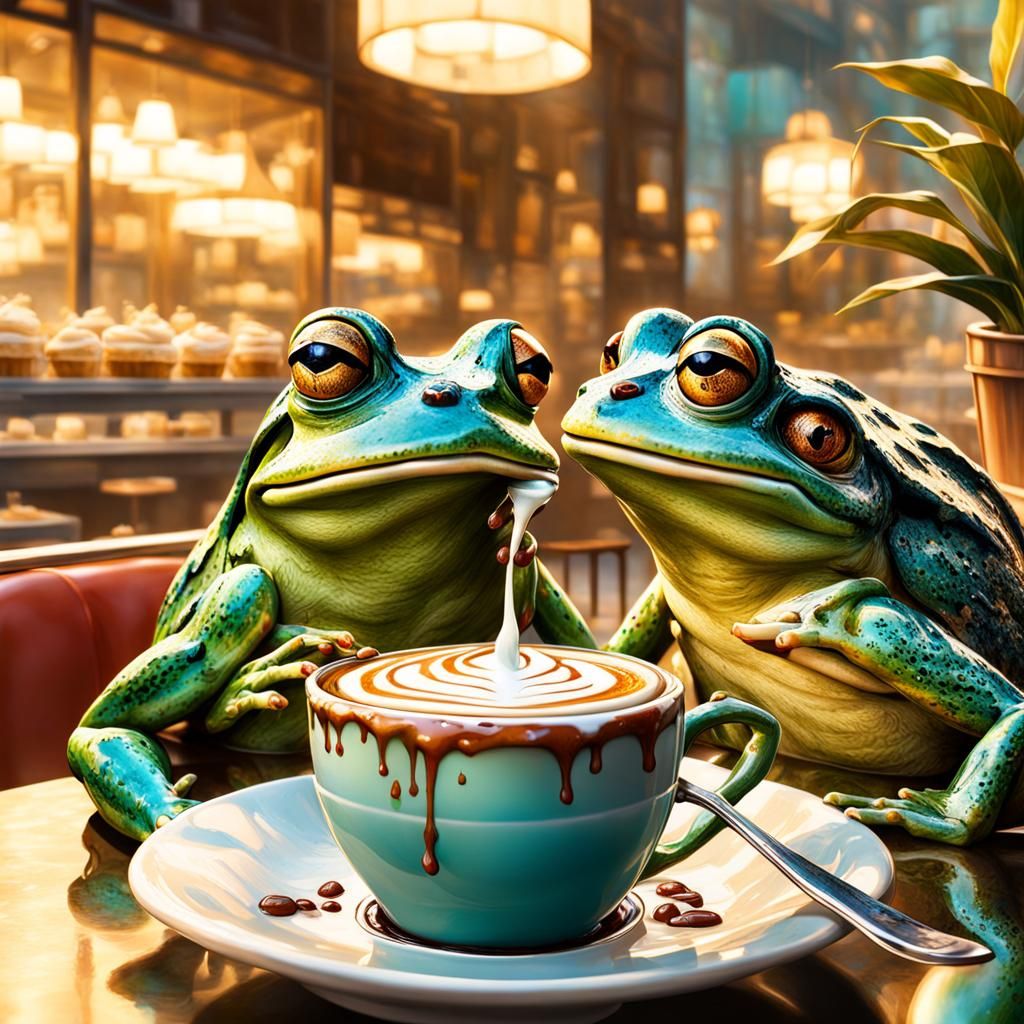 Two frogs drinking coffee in a patisserie - AI Generated Artwork ...