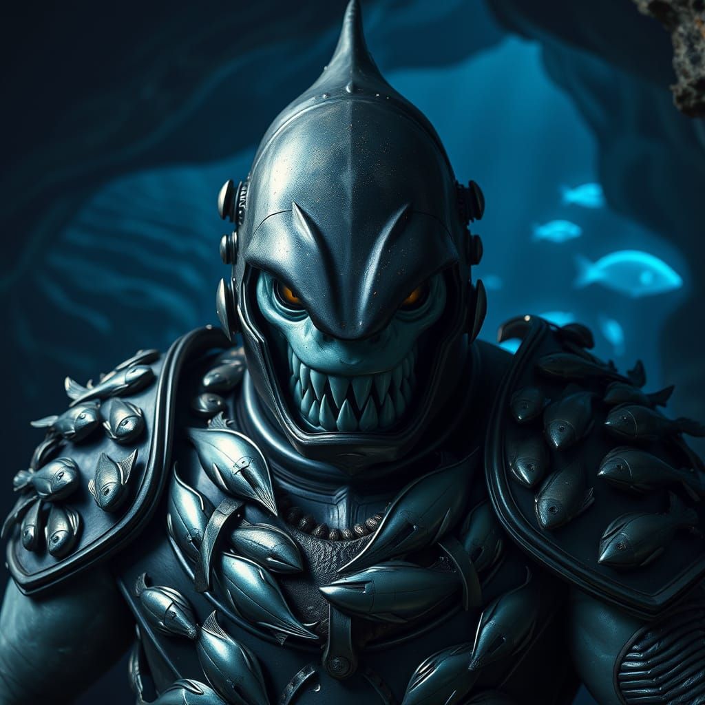 Fierce Humanoid Shark Gladiator in Oceanic Armor - AI Art