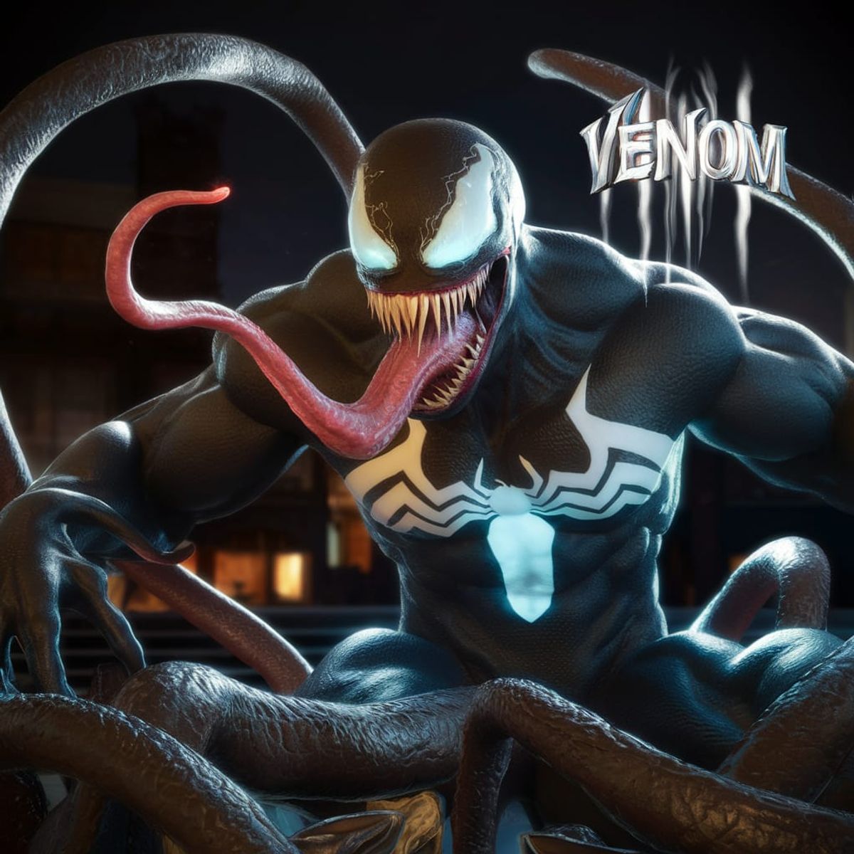 Venom with light blue eyes and glowing spider logo. long tongue. long ...