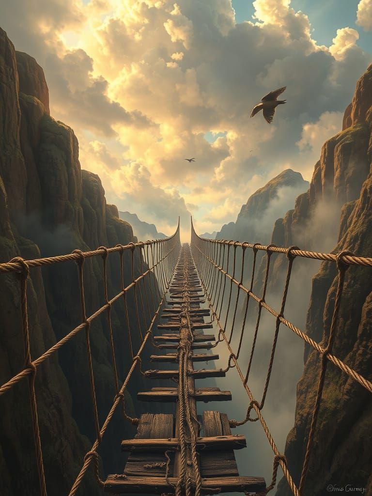 Dangerous rope bridge spanning a yawning chasm