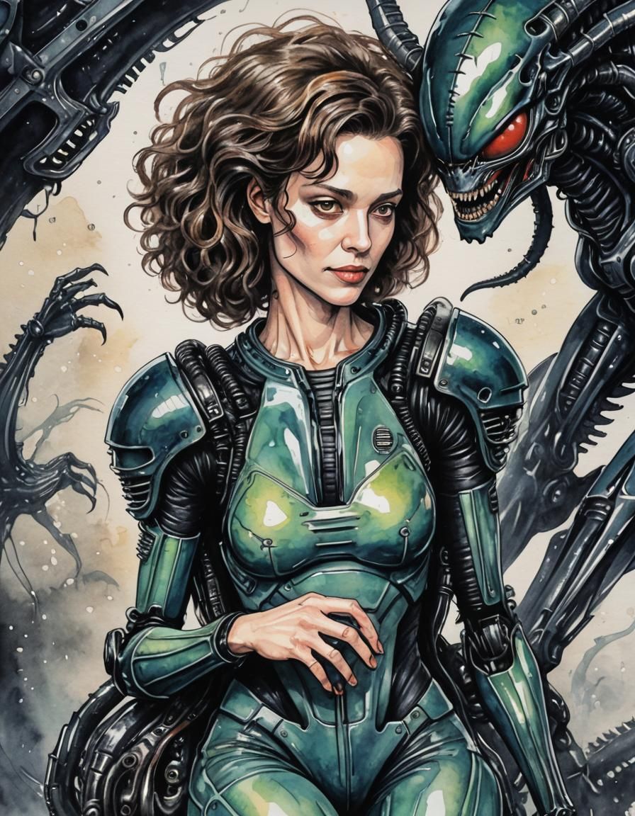 Selfie style image of Ellen Ripley and alien xenomorph queen together ...