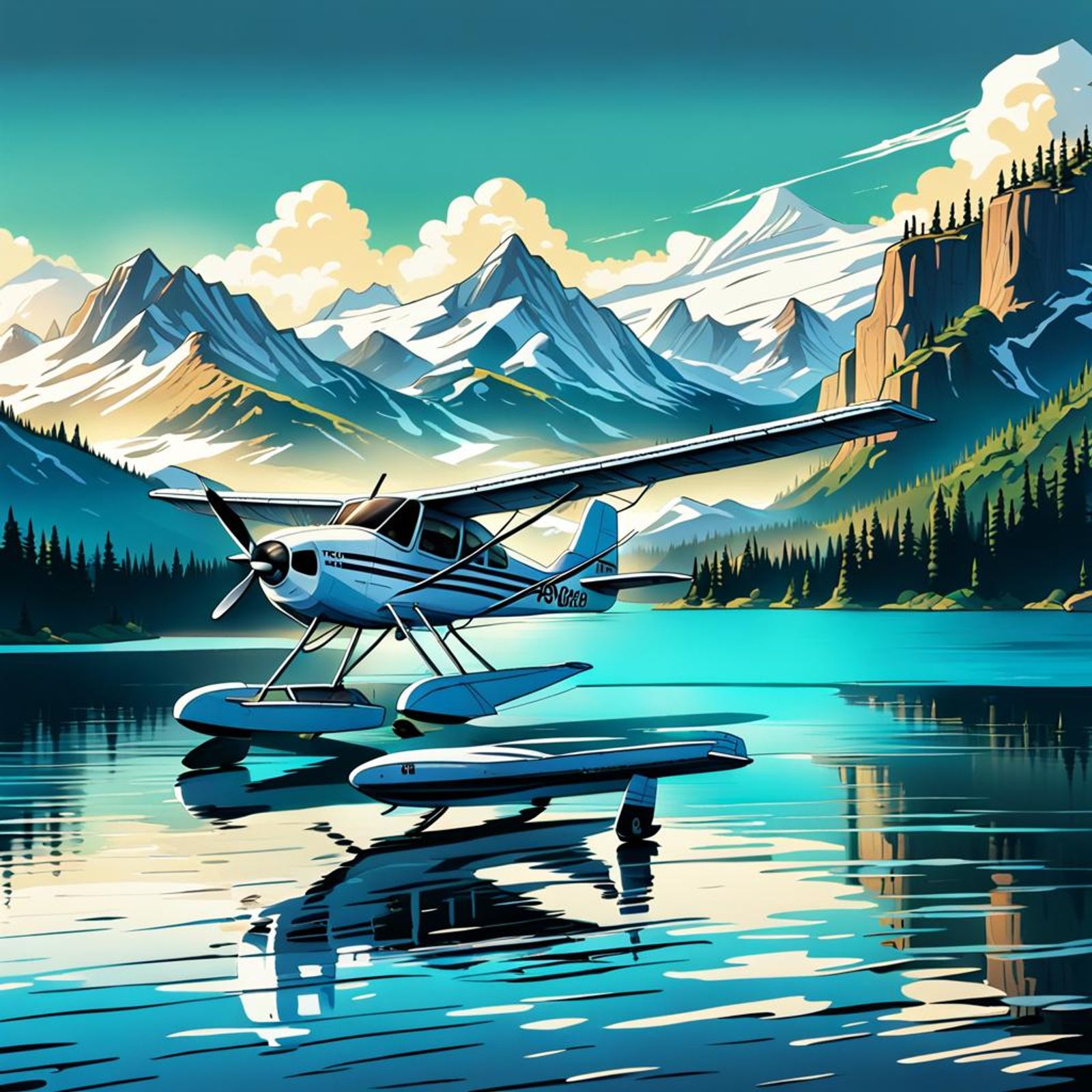 Cessna 206 seaplane on lake in front of boreal mountains, Masterpiece ...