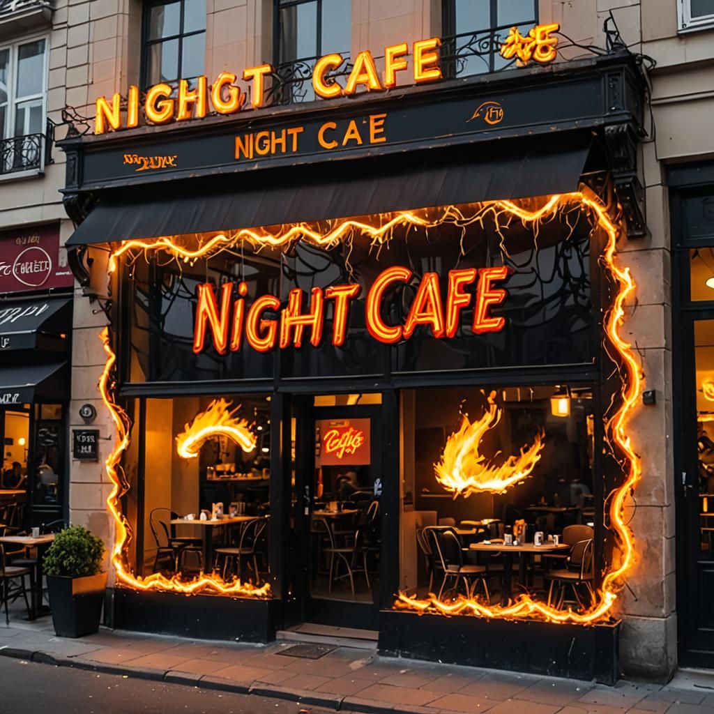 a sign made of lightning and fire that says "Night Cafe", realistic ...
