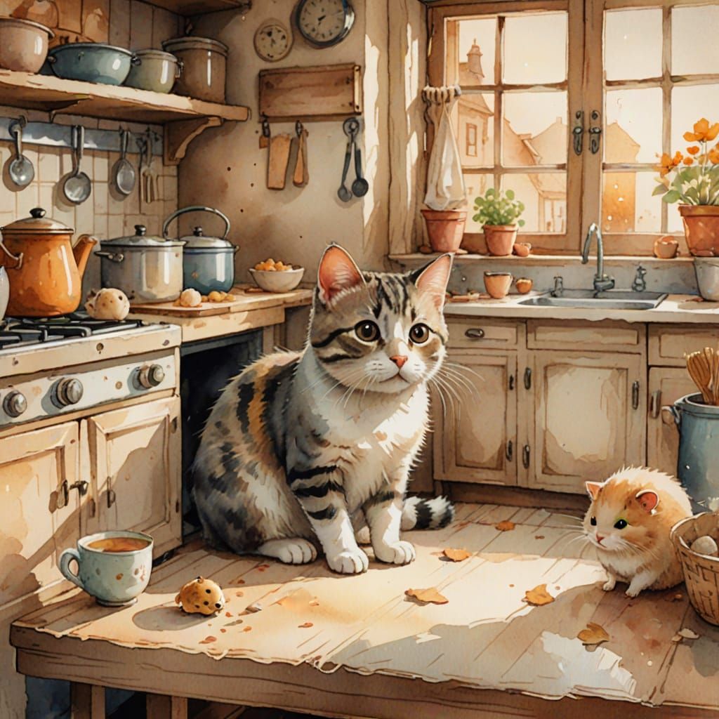 Whimsical Cat and Hamster Hug in Vintage Kitchen - AI Art