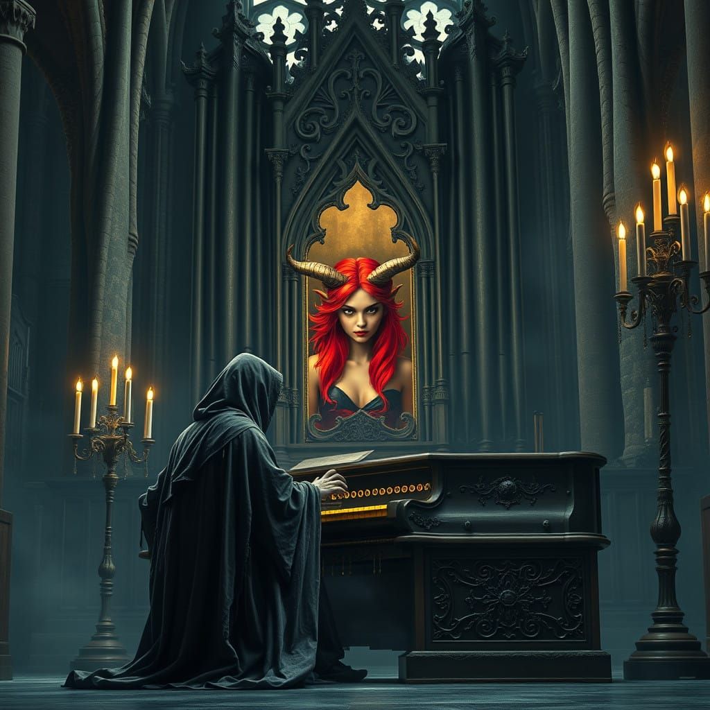 Grim Reaper, playing the organ, while Asmodina listens through a ...