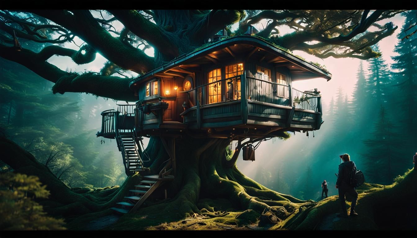 big, roomy, cyberpunk bedroom, treehouse, on top of a giant tree in a ...