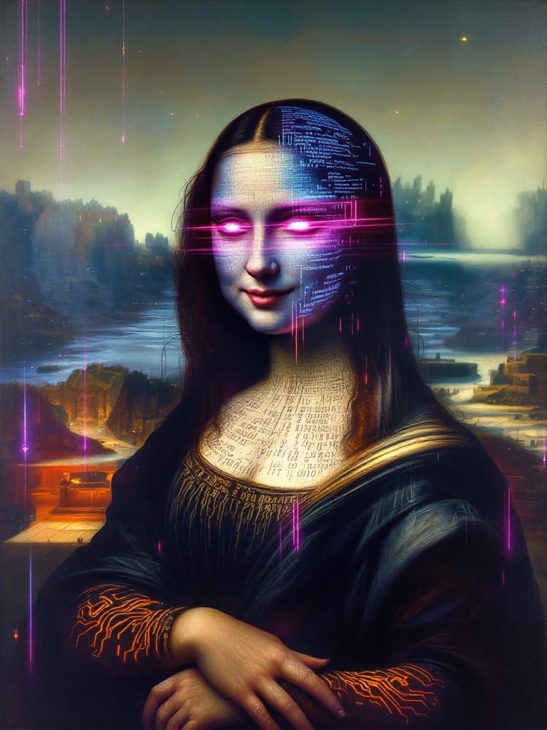 Cyberpunk Mona Lisa with Neon Tattoos and Futurist... - AI Art