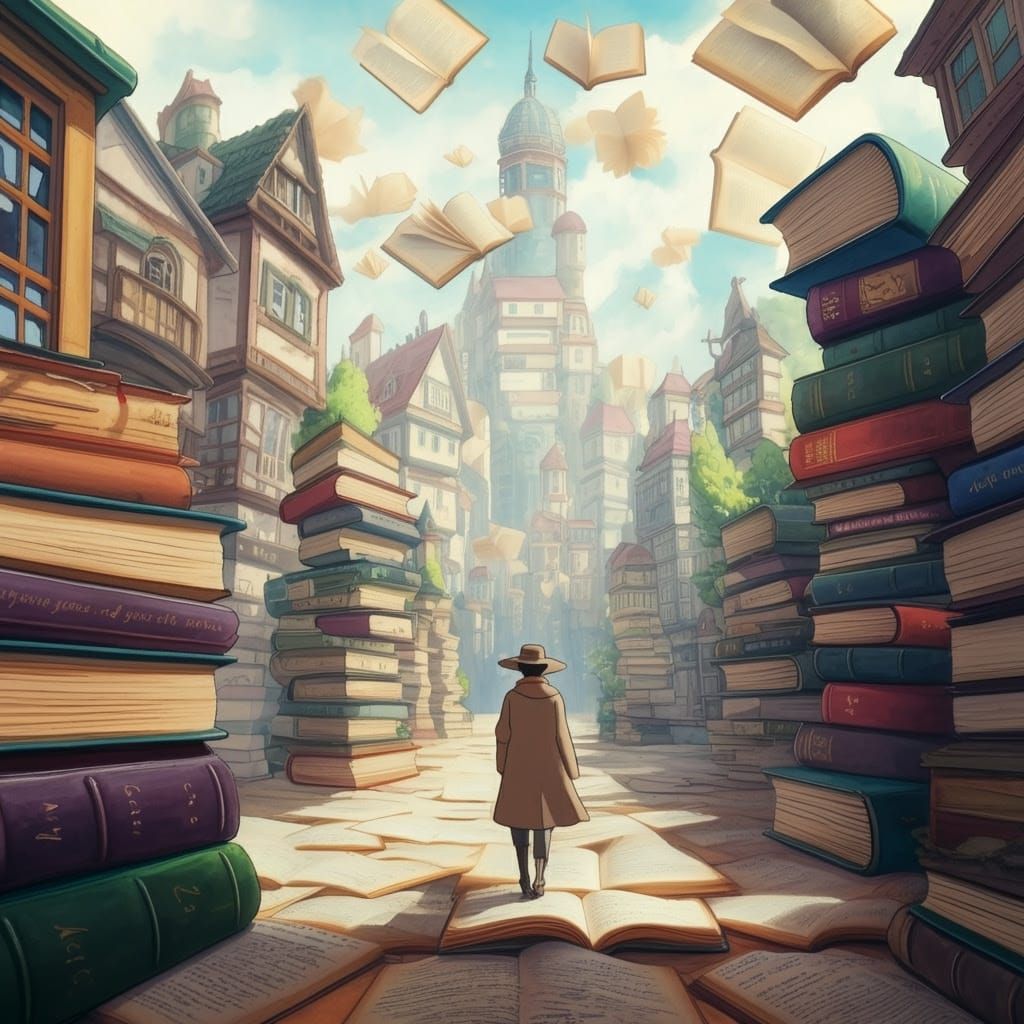 Readmore - Literary Wanderer in Surreal Book Cityscape