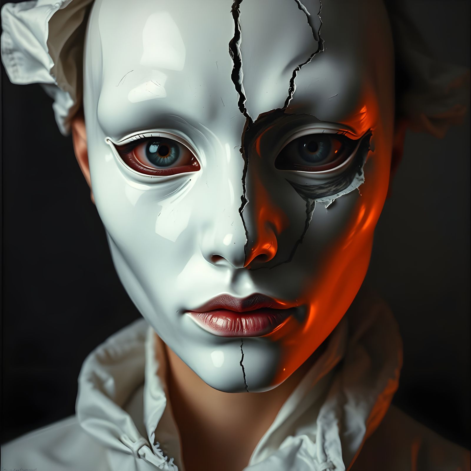 A porcelain mask cracking to reveal a human face beneath, skin ...