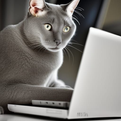 Bitey solid grey cat with white face rests on a laptop computer ...