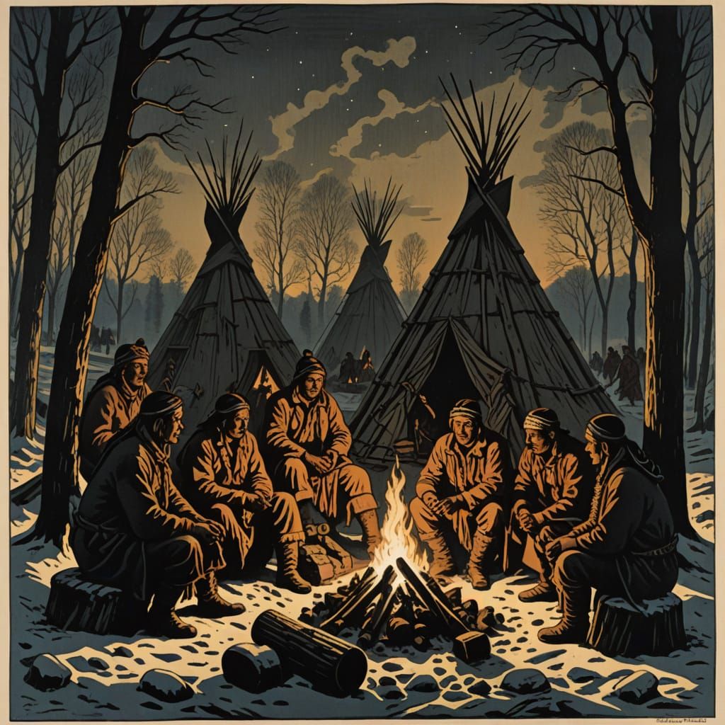 Chiaroscuro Woodcut Of a gathering of native Ameri... - AI Art
