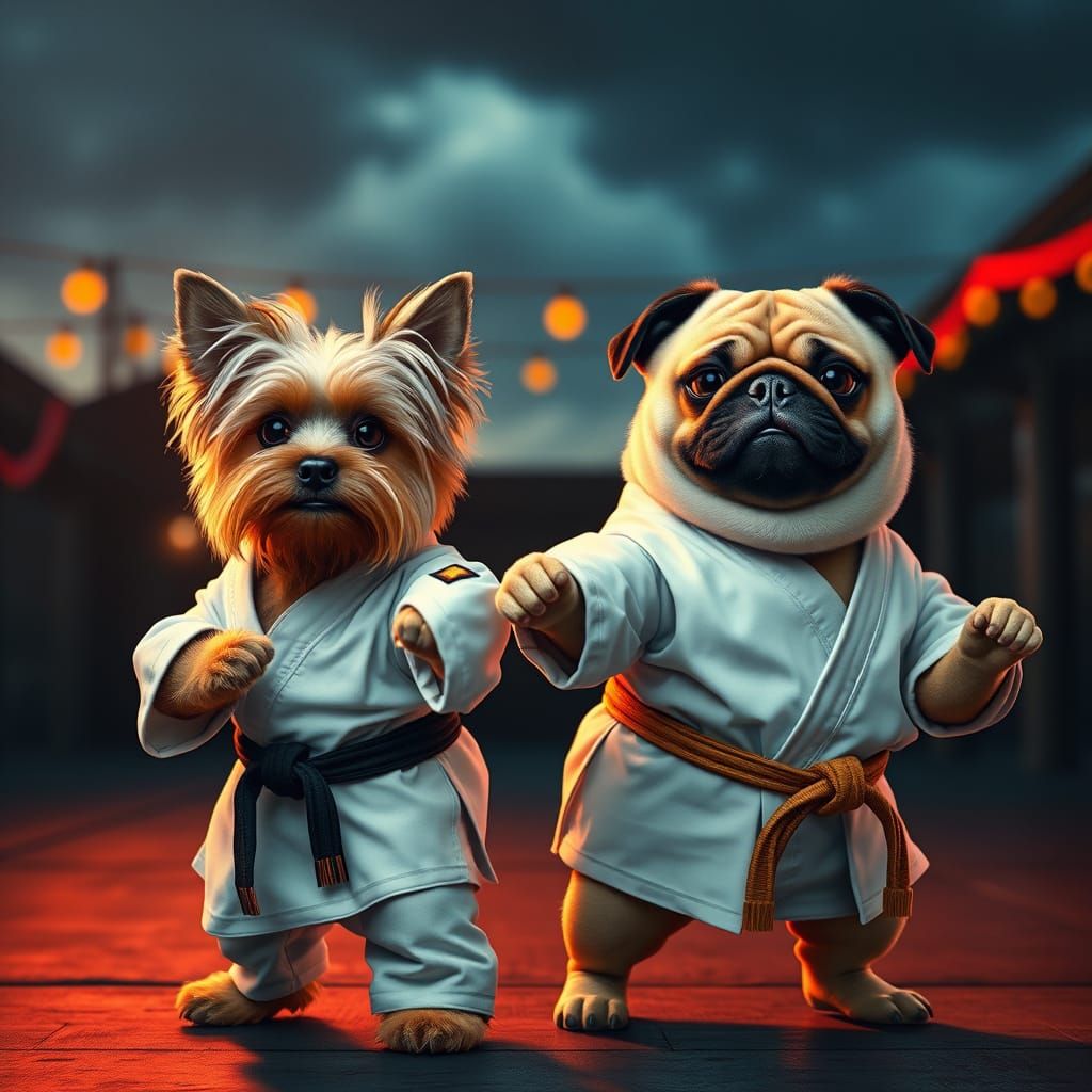 a yorkshire terrier and a pug dog are competing against each other at ...