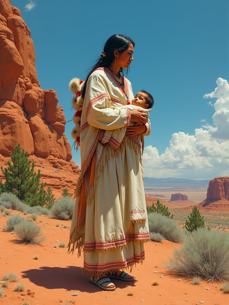 An Hopi squaw with is baby in a typical dress and landscape