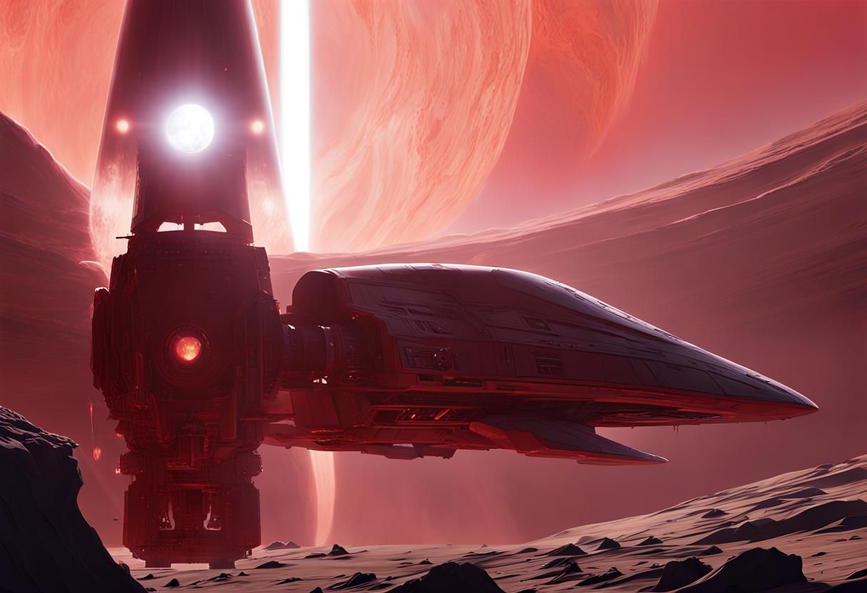 Science fiction illustration - Dark Red Starship Lands on Ba...