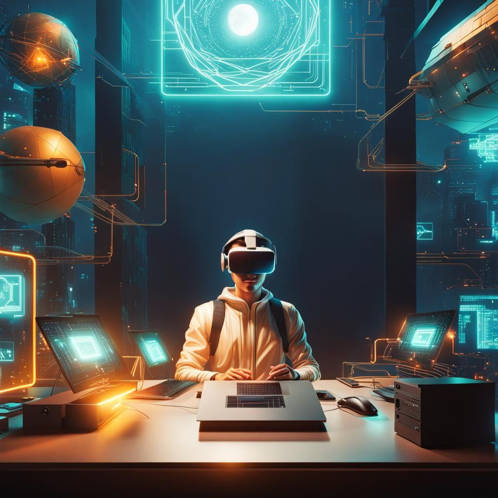 A cyberpunk hacker navigating a virtual reality world filled with complex, glowing data streams ...