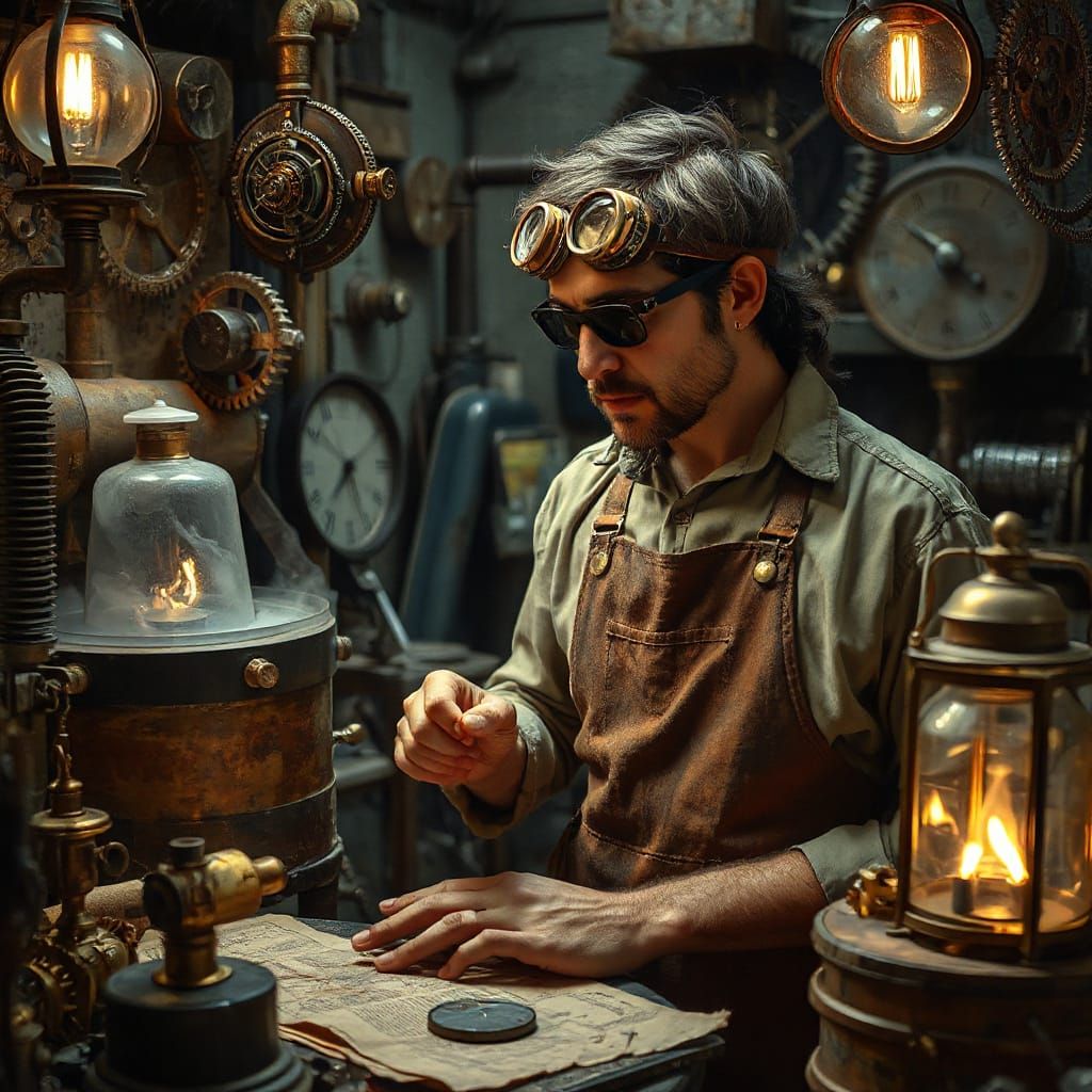 Steampunk Inventor Crafts Time Machine in Vintage ... - AI Art