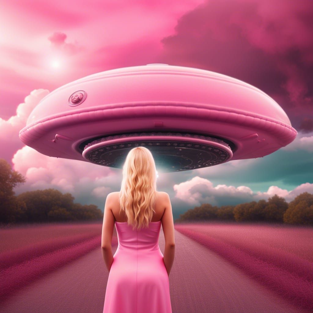 exotic blonde standing in front of a ufo in pink puffy clouds - AI ...