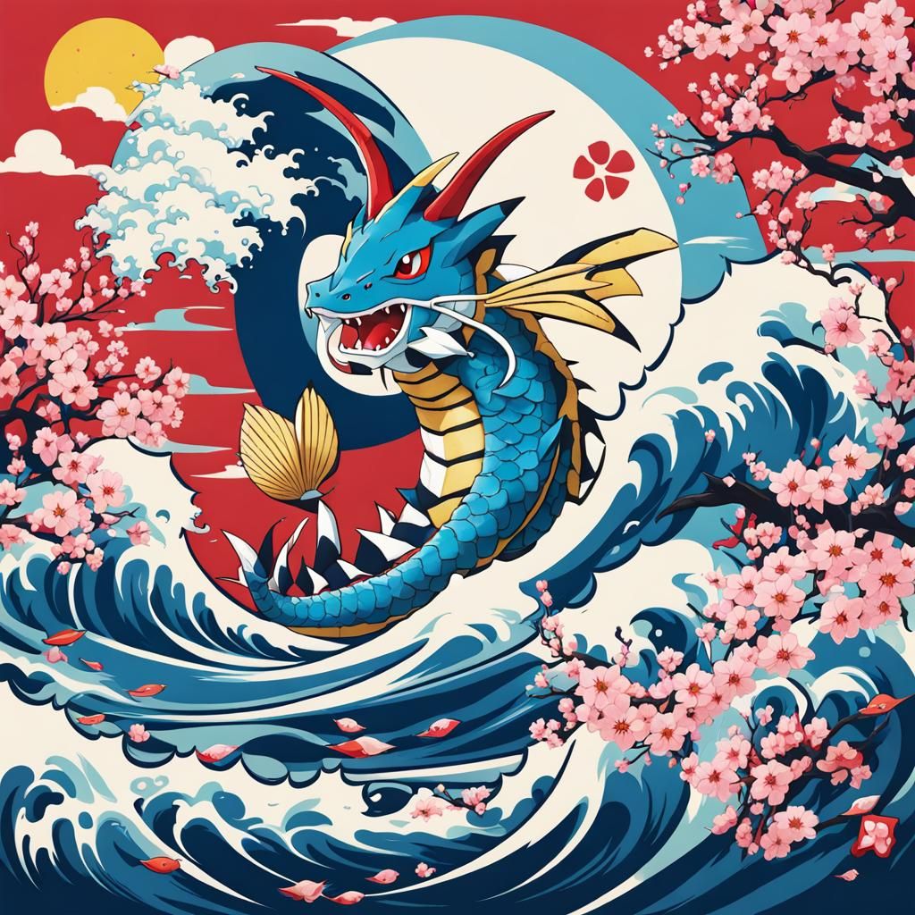Pokemon, gyarados, magikarp, Japanese style, big wave, fish, cherry ...