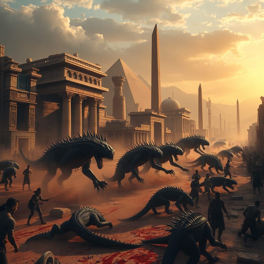 Ferocious Mythical Predators Devastate Ancient Egy... - AI Art